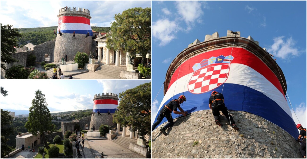 Na kulu na Trsatskom kaštelu postavljena zastava Republike Hrvatske ...
